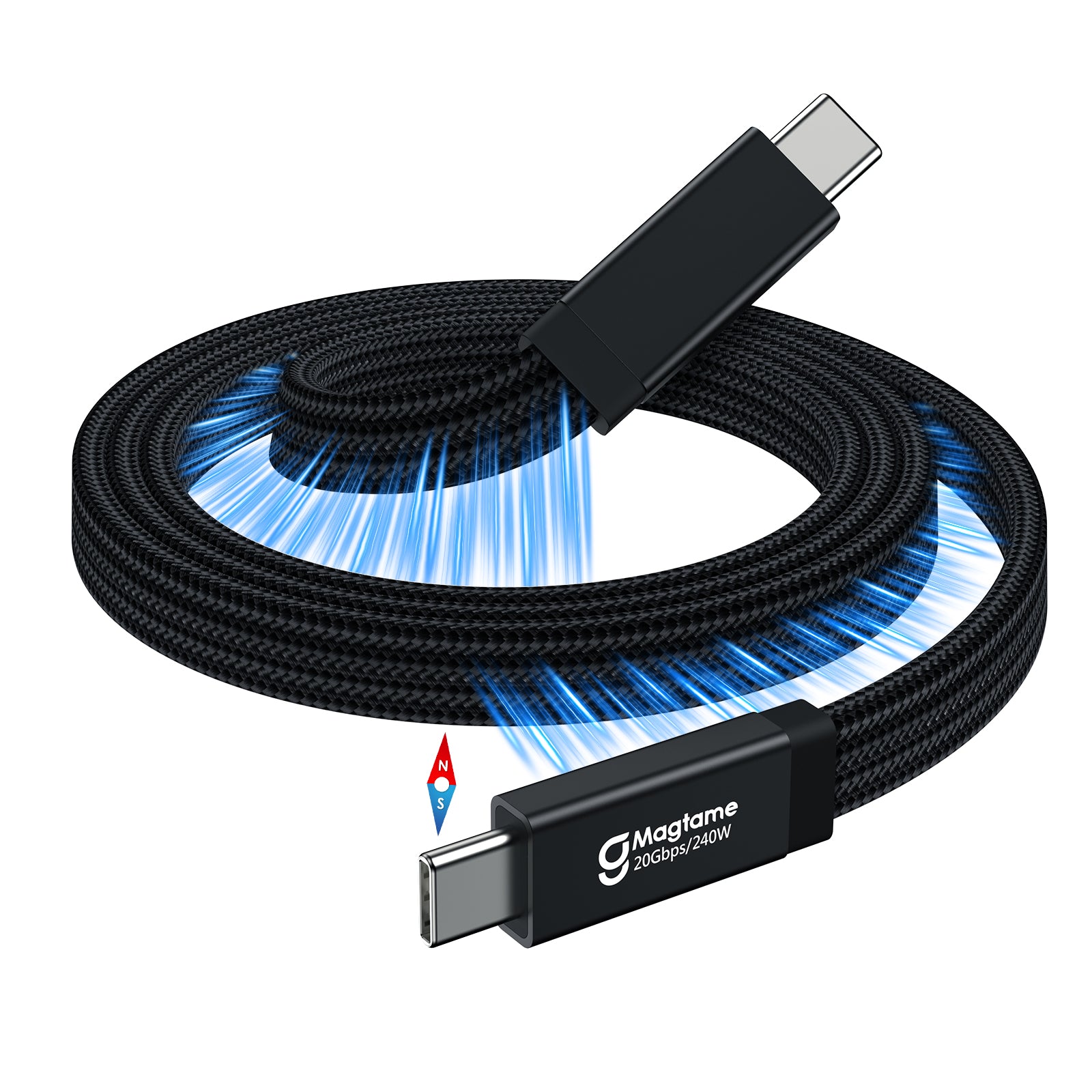 Magtame 240W 20Gbps Magnetic USB-C Cable - Coiled Flat Braided for Lap
